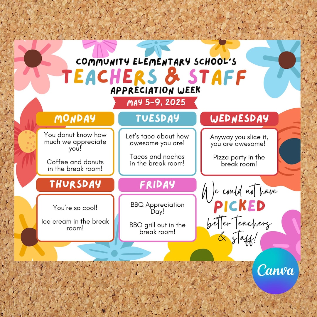 Editable Floral Themed Teachers & Staff Appreciation Week Itinerary ...