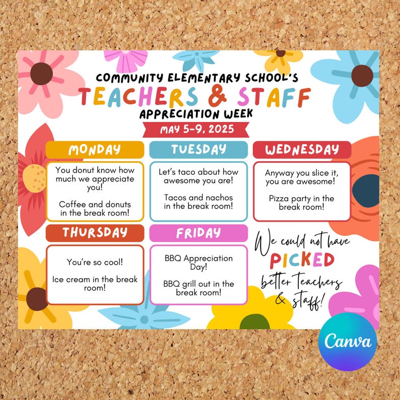 Editable Floral Themed Teachers & Staff Appreciation Week Itinerary ...