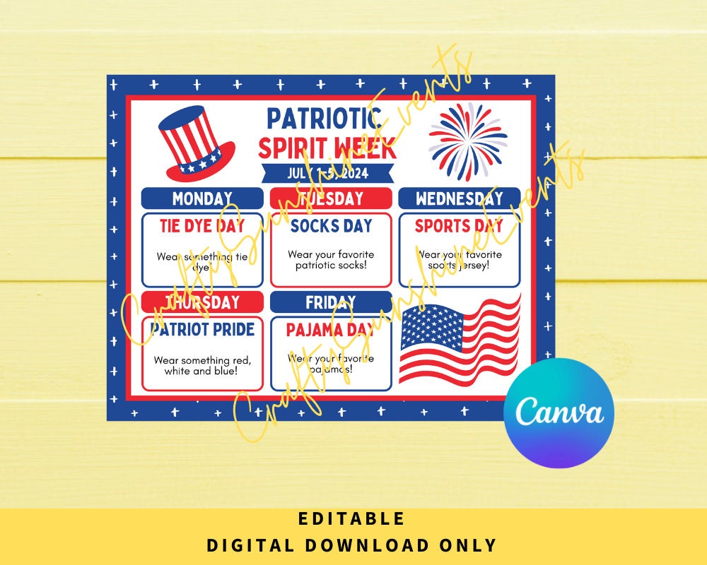 Editable Patriotic Spirit Week Itinerary Poster - Etsy
