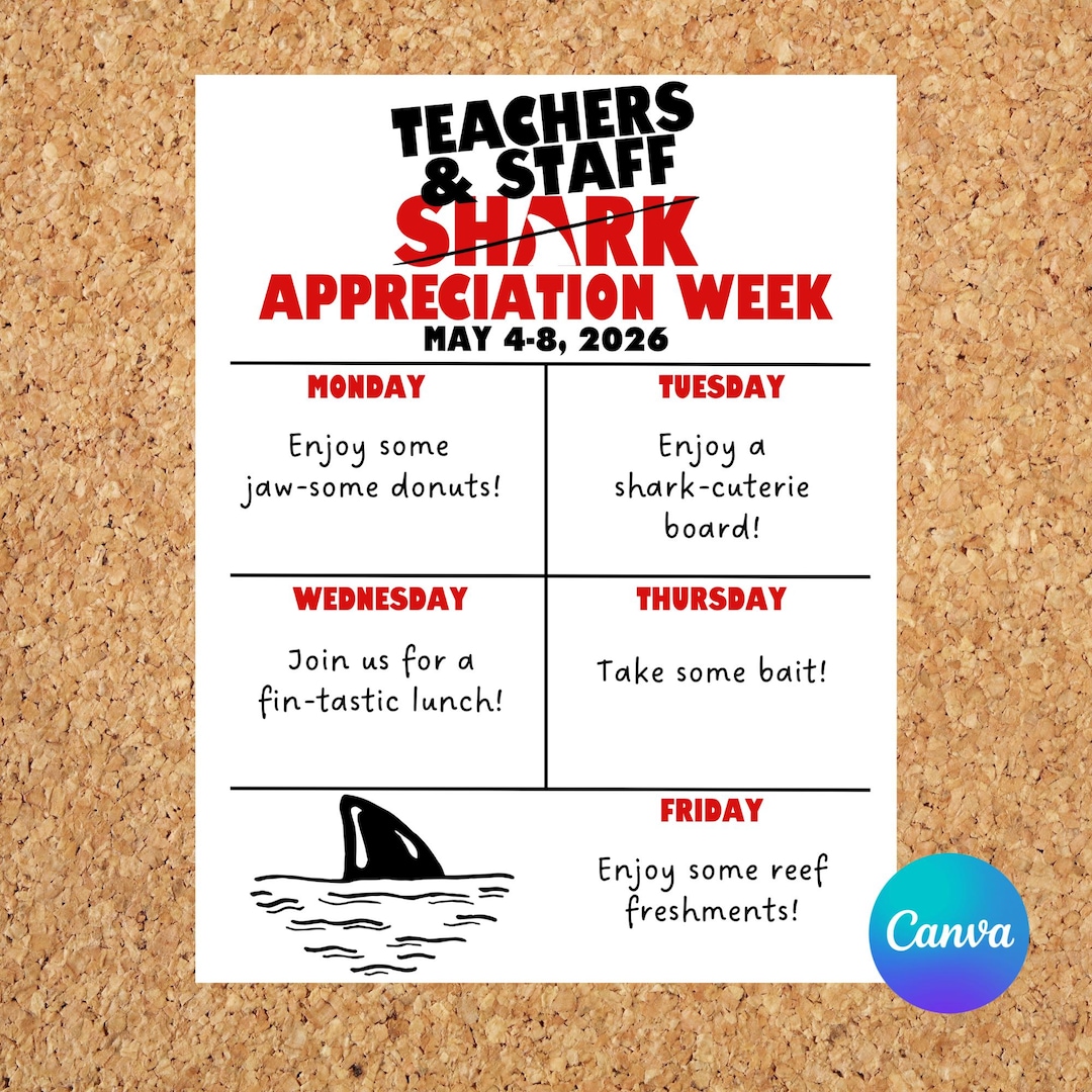Editable Shark Themed Teachers & Staff Appreciation Week Itinerary ...
