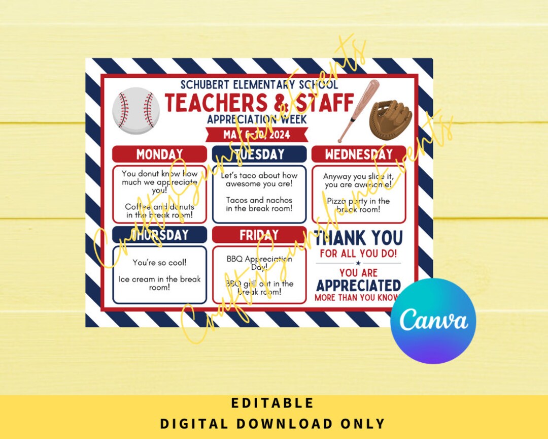 Editable Baseball Themed Teachers & Staff Appreciation Week Itinerary ...