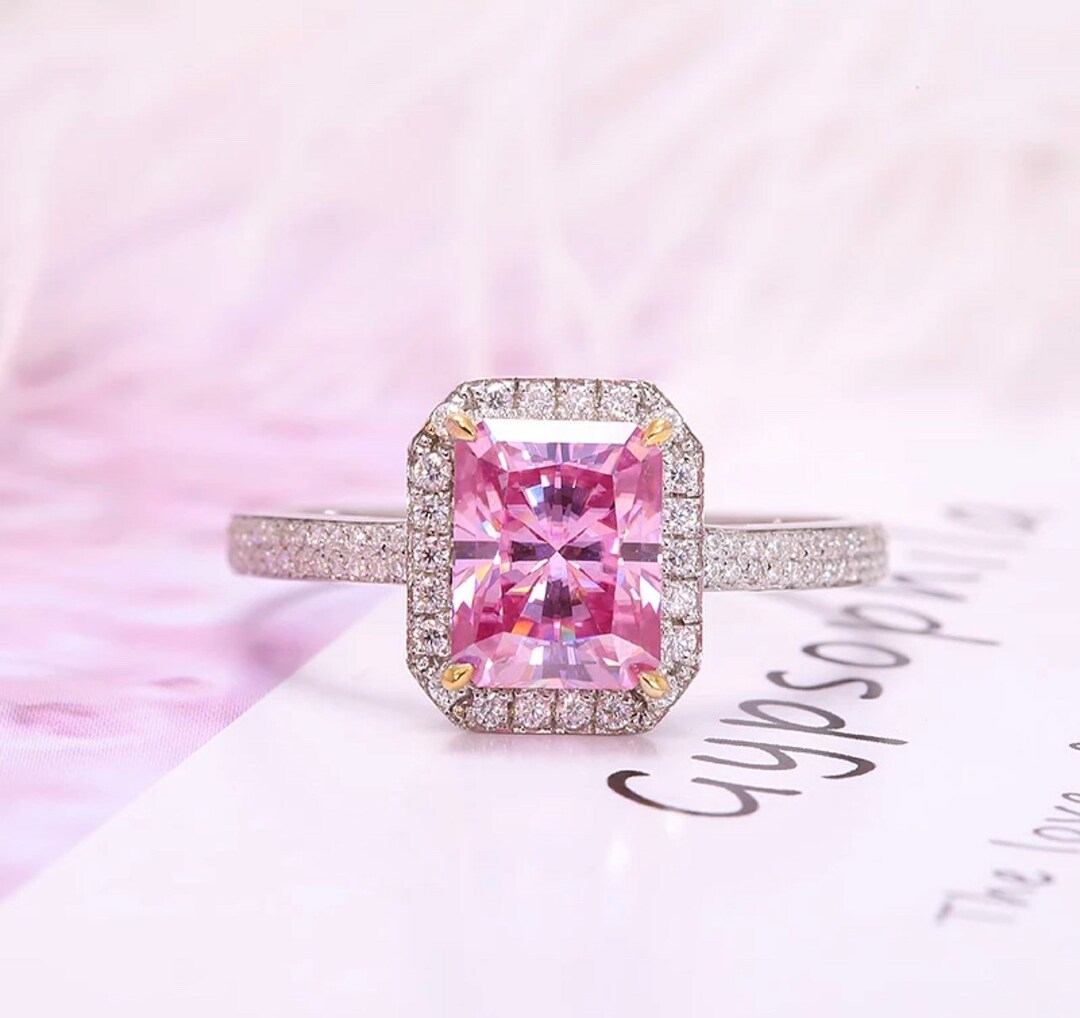 Vintage Radiant Cut Moissanite Engagement Ring Pink