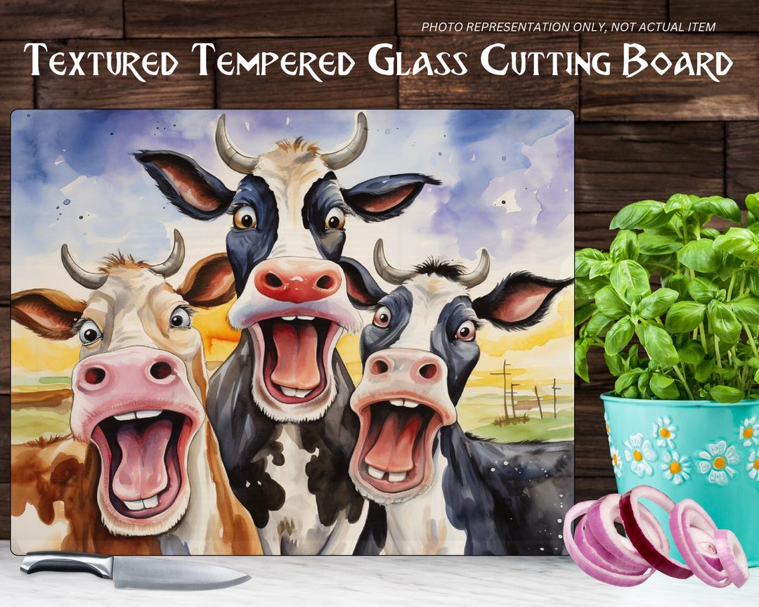 Cute Cow Cutting Board Tempered Glass, Kitchen Decor, Art, Gift, Funny ...