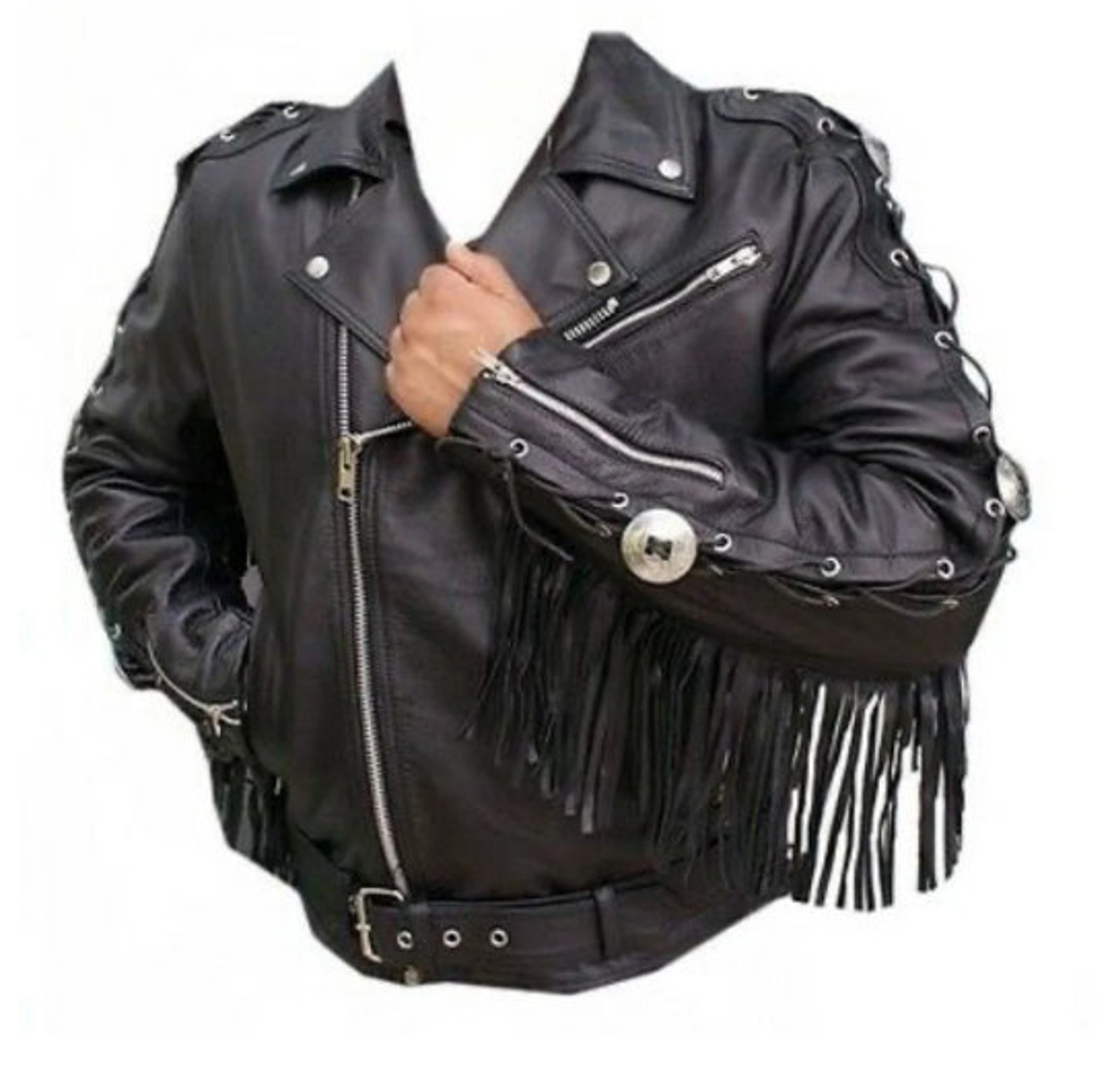 Handmade Men Western Wear Cowboy Brando Style Black Leather Fringe ...