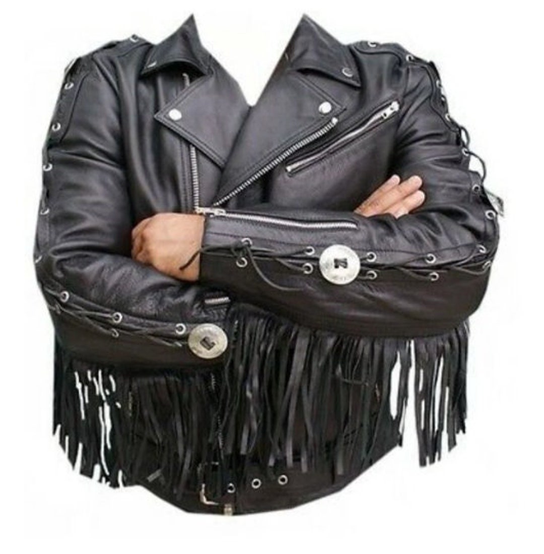 Handmade Men Western Wear Cowboy Brando Style Black Leather Fringe ...