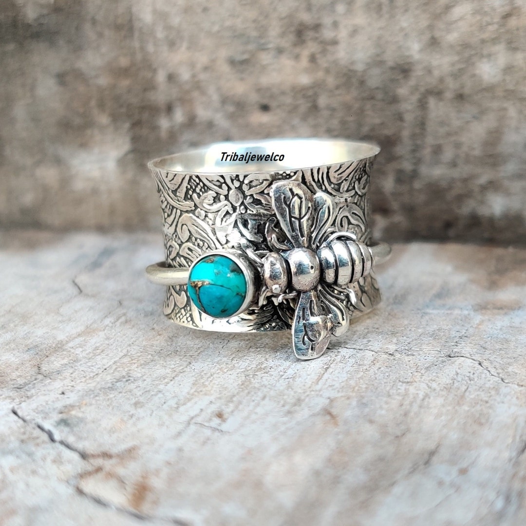 Copper Turquoise Honeybee Spinner Ring: Sterling Silver Meditation ...