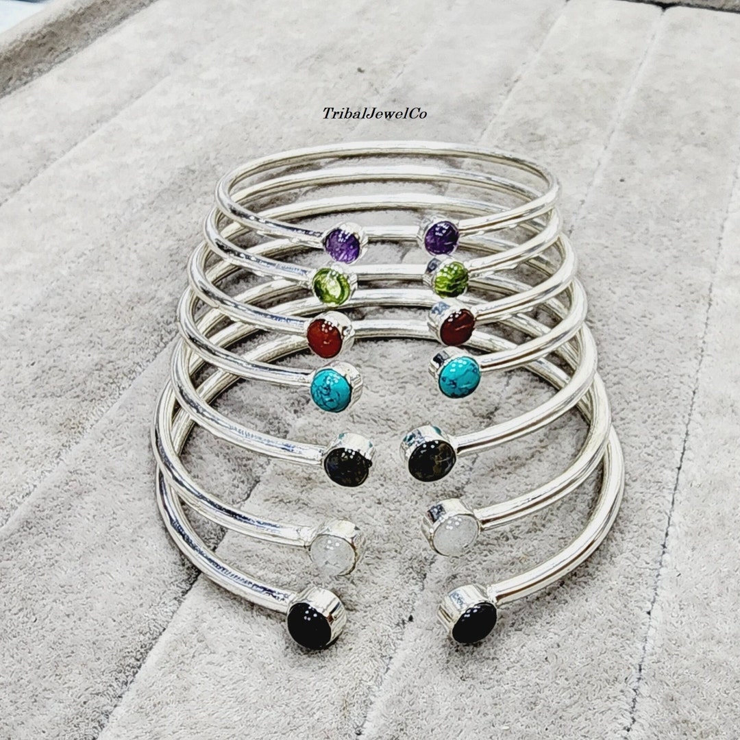 925 Sterling Silver 7 Bangles Set With 7 Gemstones, 7 Adjustable ...