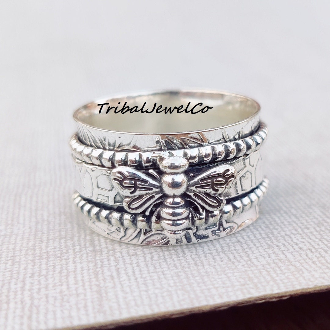 Honey Bee Spinner Ring, 925 Sterling Silver, Spinner Ring, Worry Ring ...