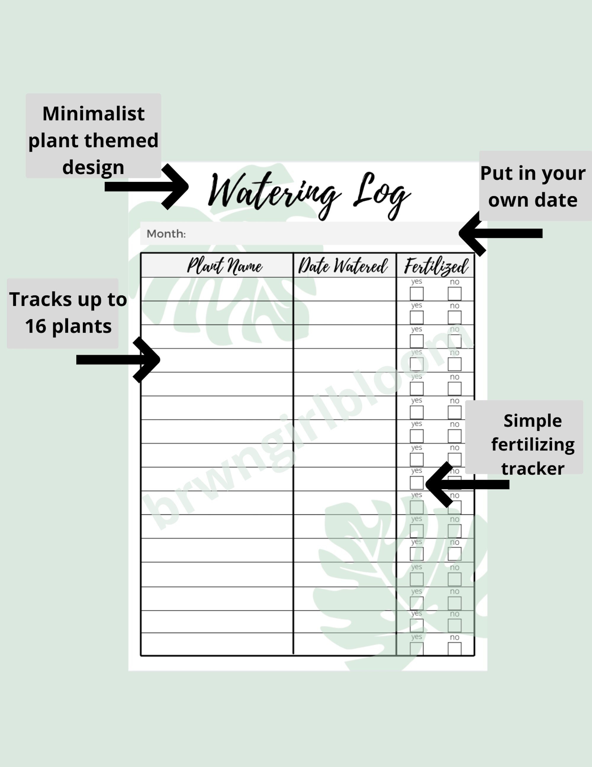 Plant Watering Log Digital Download/plant Watering Log PDF Download ...