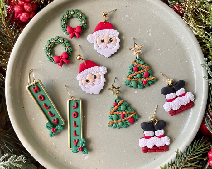 Santa Earrings, Christmas Tree Earrings, Holly Jolly Earrings, Santa in ...