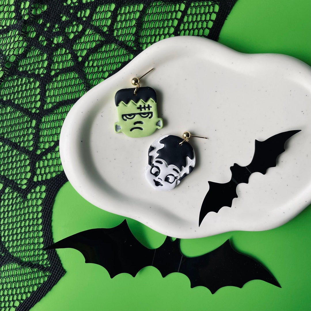 Monster and His Bride, Monster Earrings, Green Earrings, Halloween Clay ...