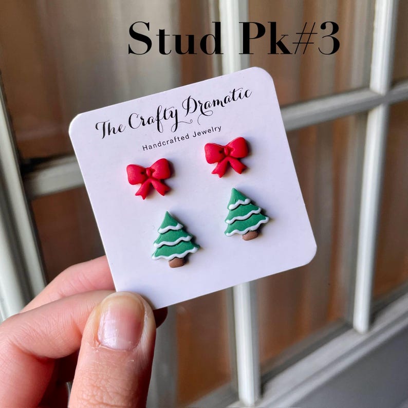 Christmas Clay Studs, Holiday Jewelry, Stud Packs, Santa Stud Earrings ...