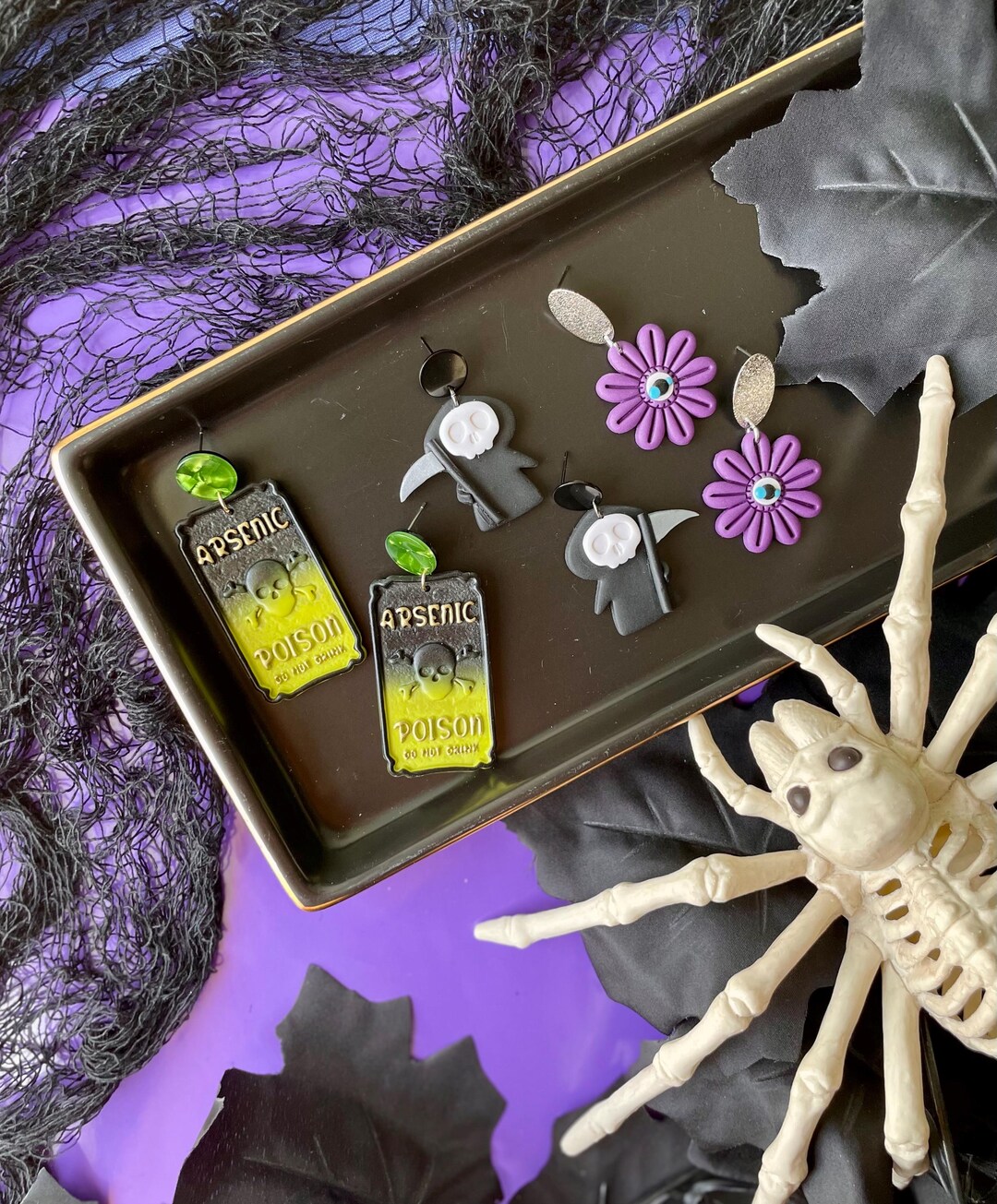 Grim Reaper Earrings, Green Poison Label Statement Halloween Clay ...