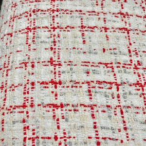 White Cream Tweed Fabric, Red Check Boucle With Silver Lurex, 3-D Wool ...