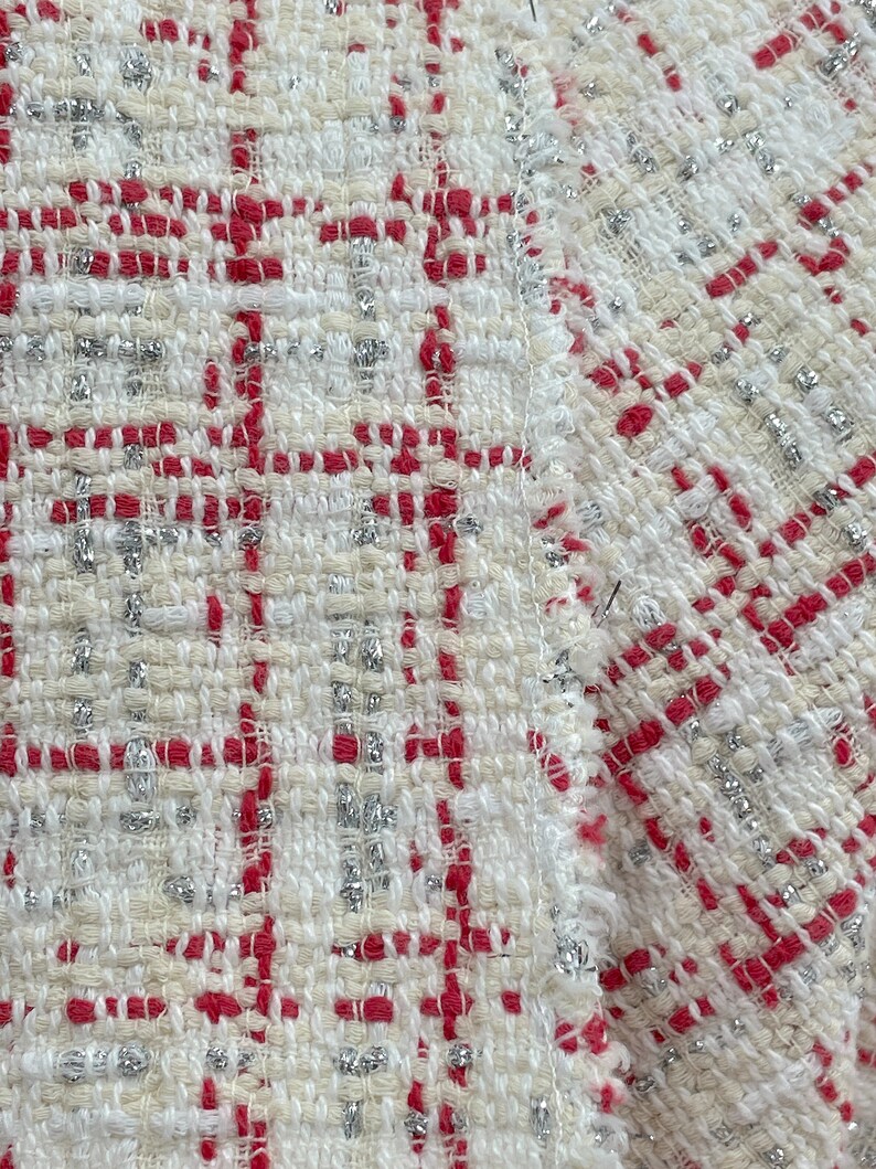 White Cream Tweed Fabric, Red Check Boucle With Silver Lurex, 3-D Wool ...