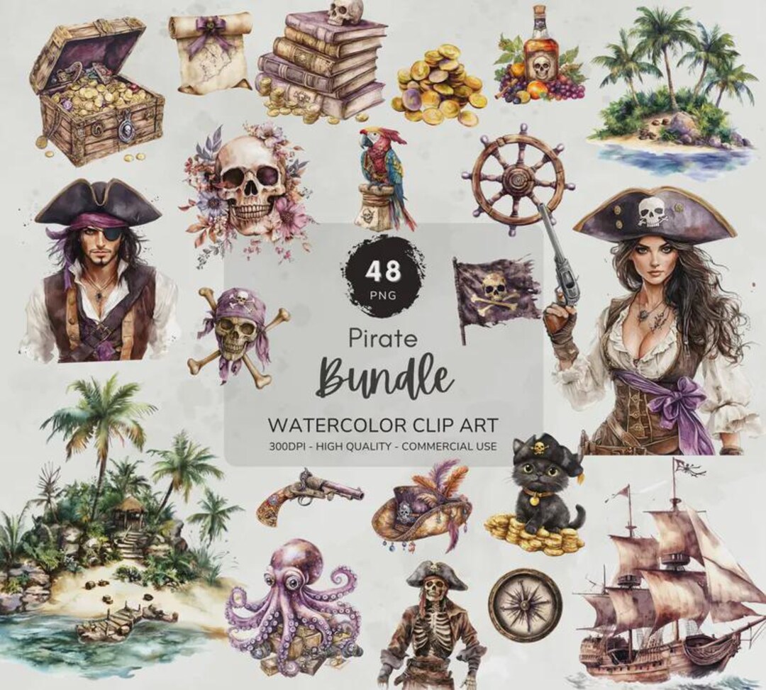 Watercolor Pirates Clipart Bundle, Nautical Clipart, Pirates Png Bundle ...