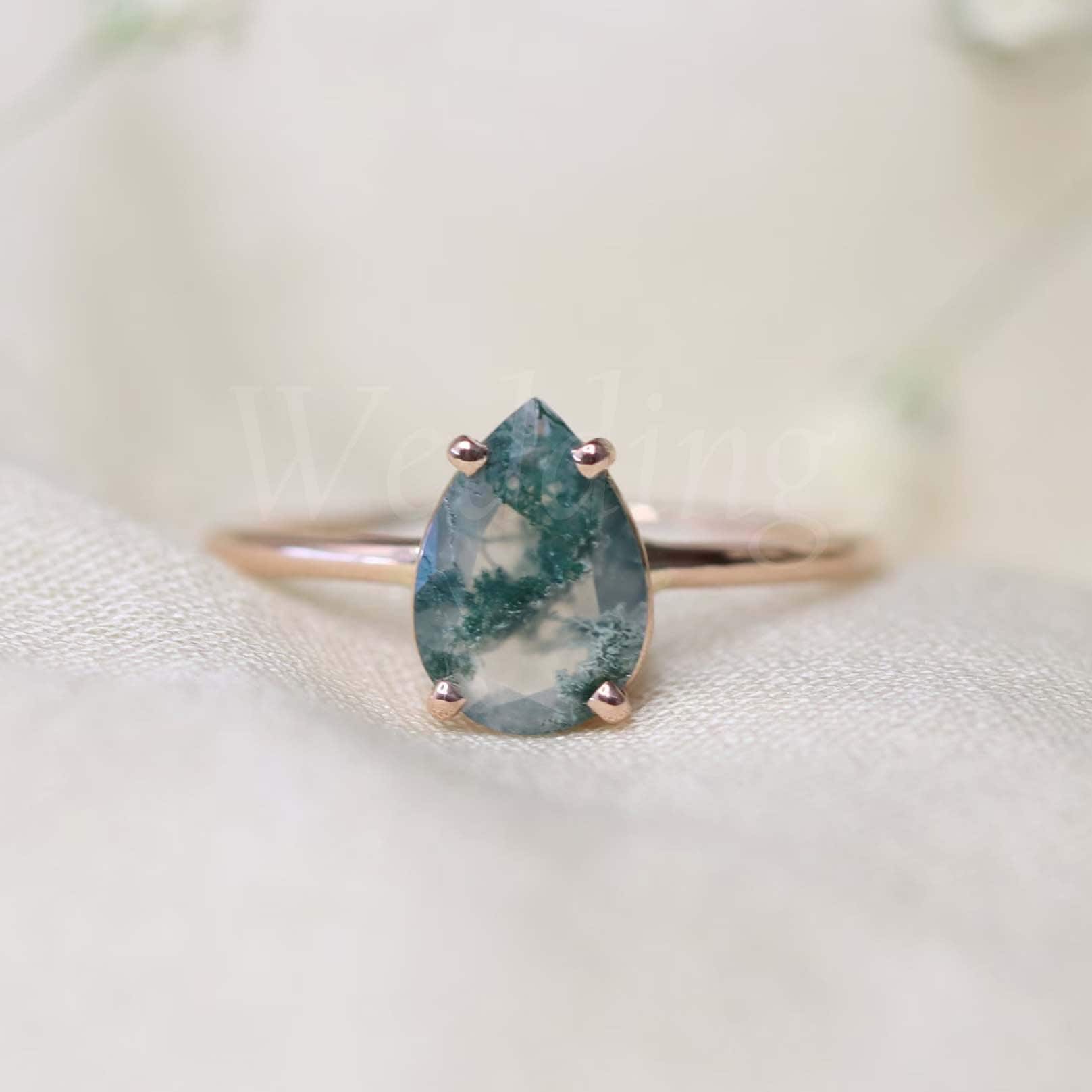 Natural Pear Moss Agate Engagement Ring 14k Solid Yellow Gold Studded ...