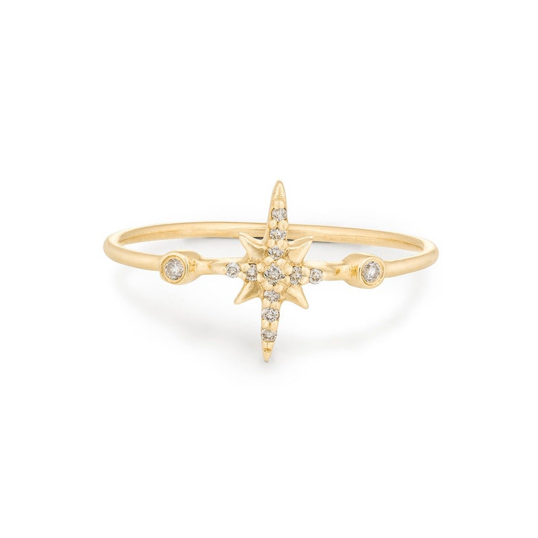 Star Diamond Ring, 14K Solid Gold Natural Dainty North Star Diamond ...