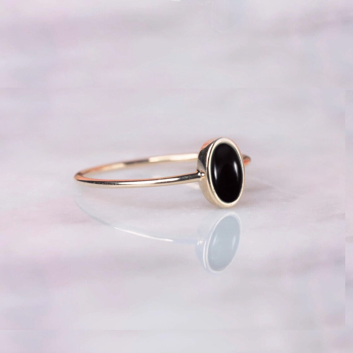 14k Solid Yellow Gold Oval Natural Black Onyx Gemstone Ring Minimalist Ring Wedding Gift Ring ...