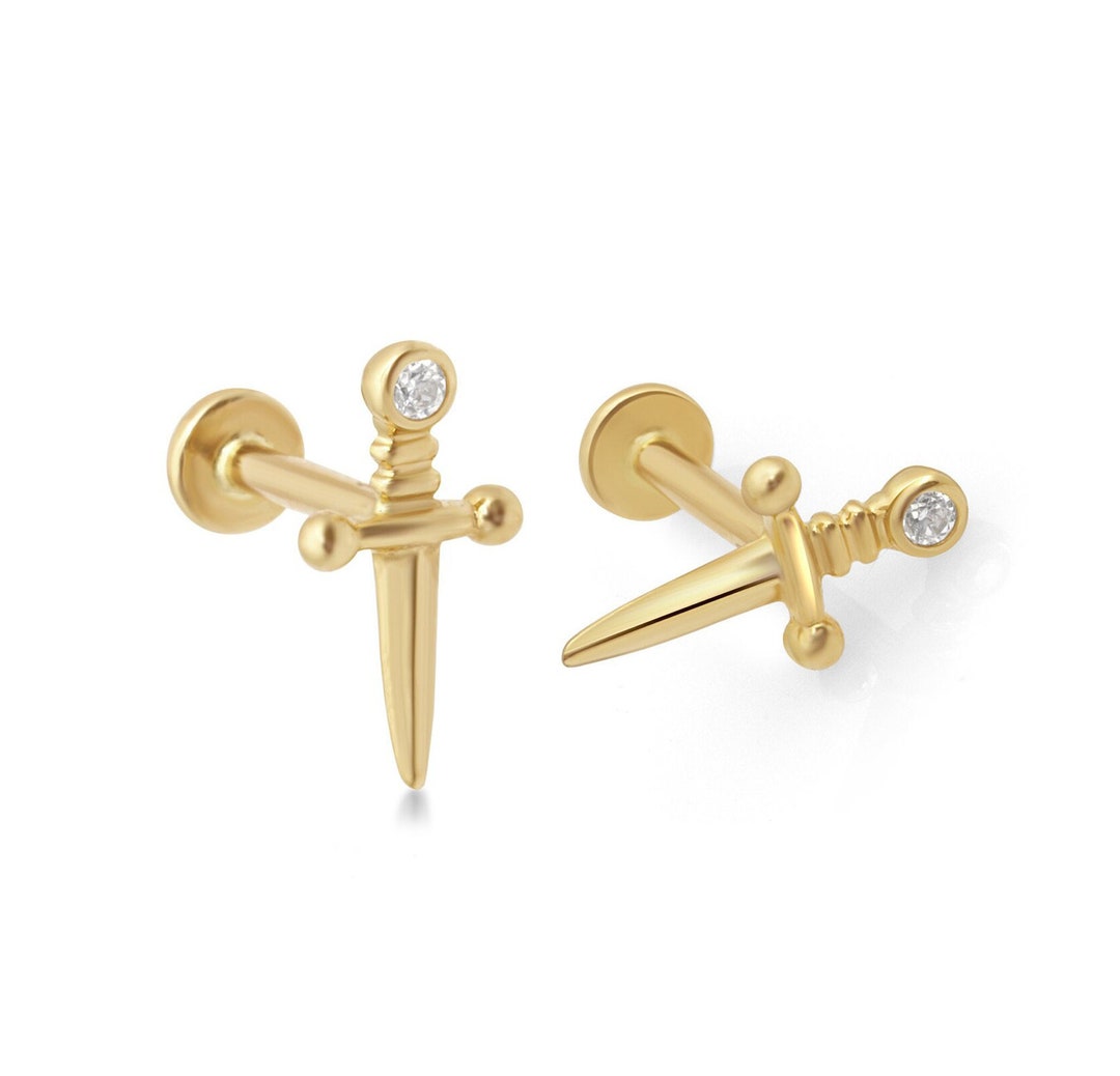 Genine Diamond Sword Earrings Cartilage Piercing 14k Gold Helix Earring ...