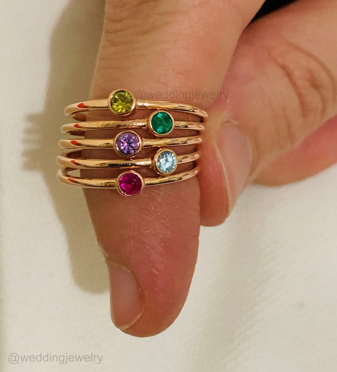 14K Solid Gold Gemstone Ring, Dainty Birthstone Stacking Ring - Etsy