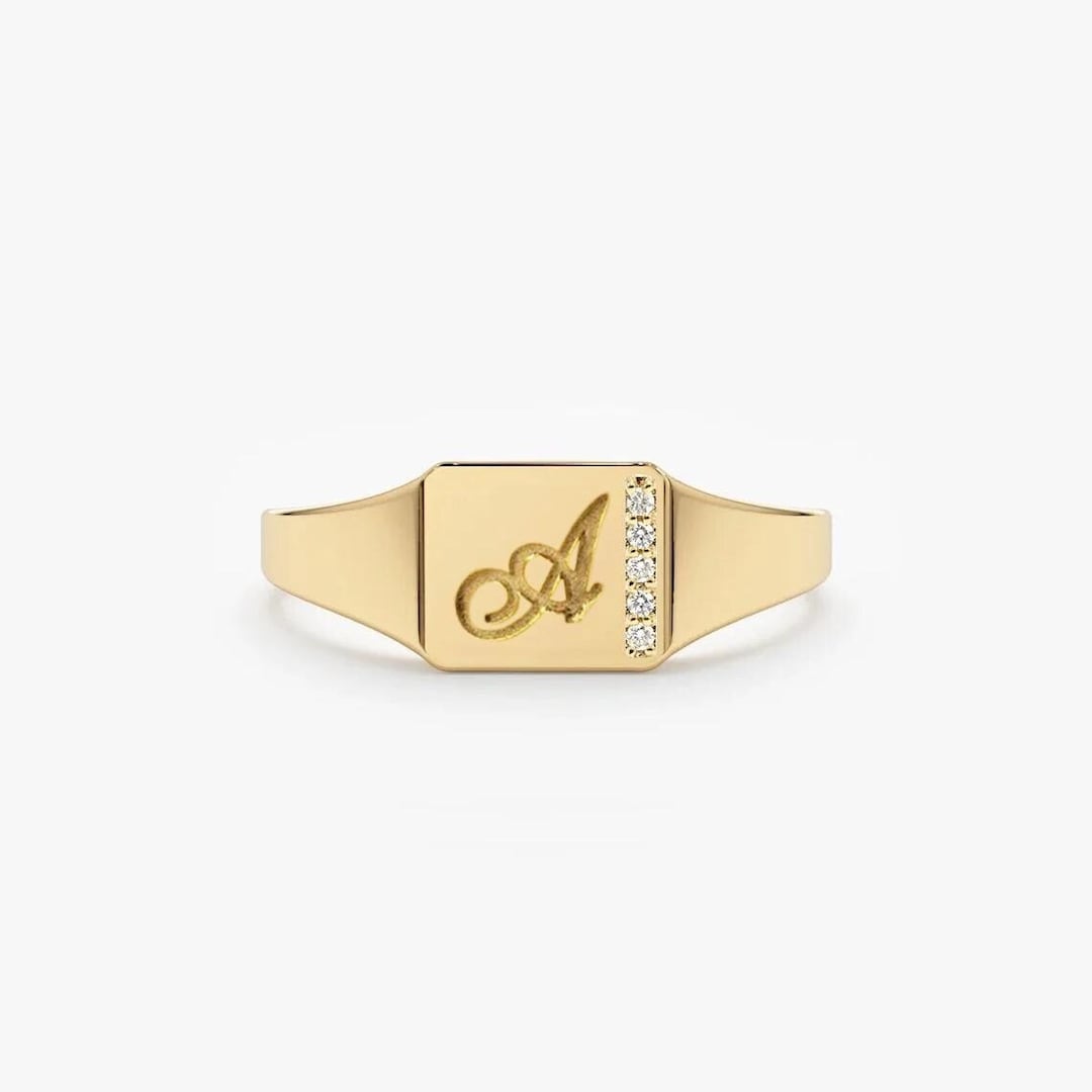 14k/18k Solid Gold Birthstone Initial Engraving Signet Ring, Statement ...