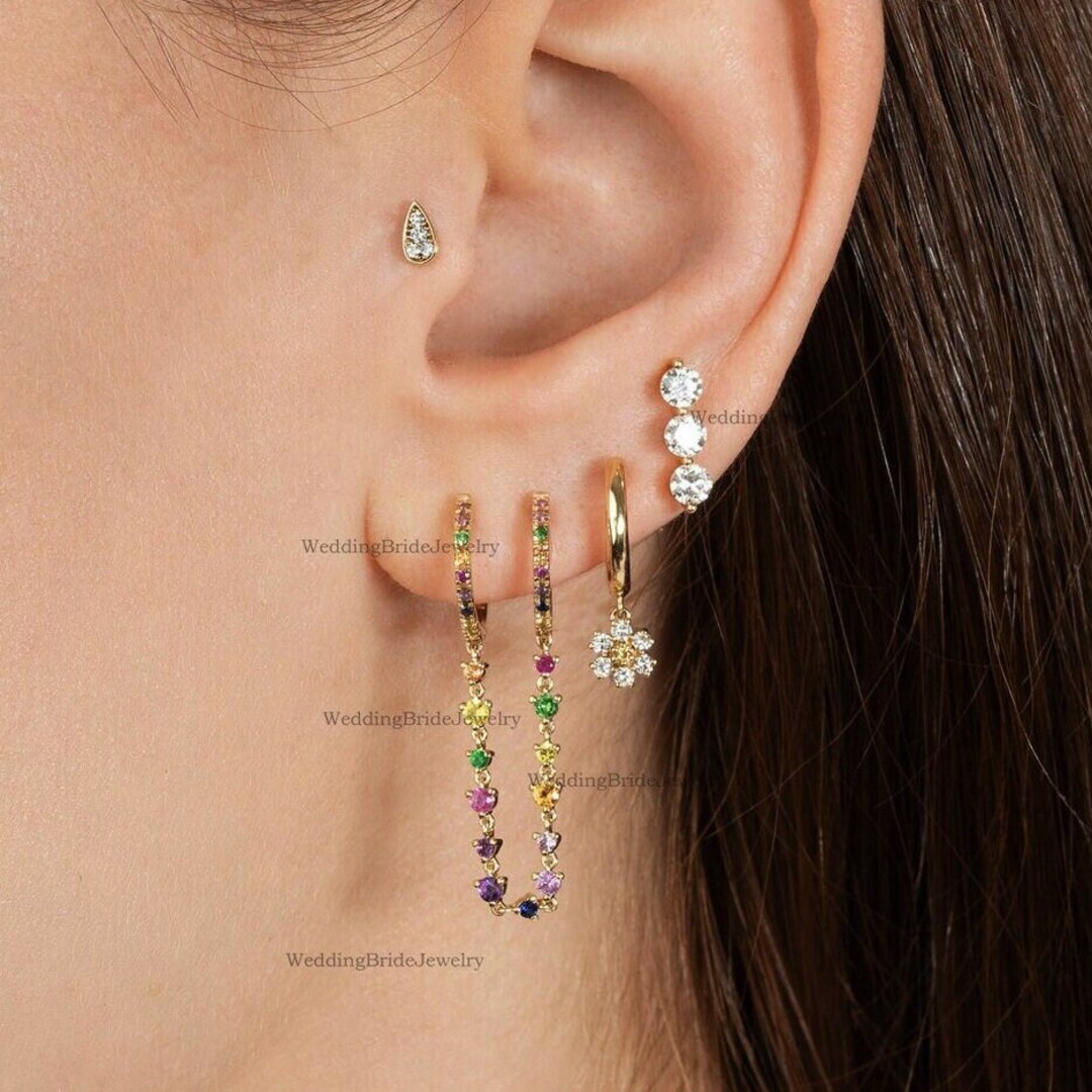 14k Yellow Gold Double Piercings Two Holes Small Hoop Cuff Cartilage ...