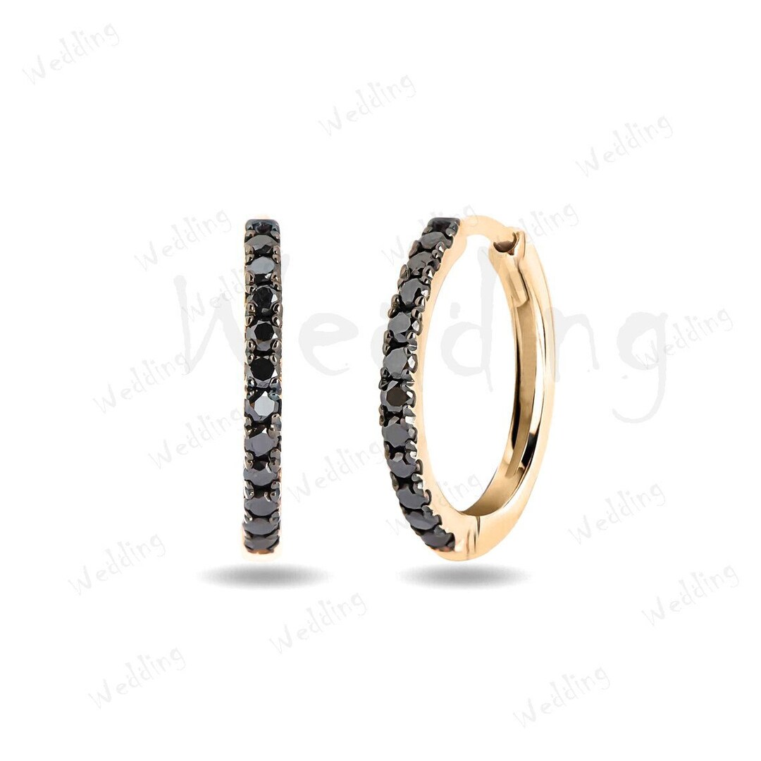 14k Black Diamond Huggies, Solid Gold Mini Hoops, Studded With Natural ...