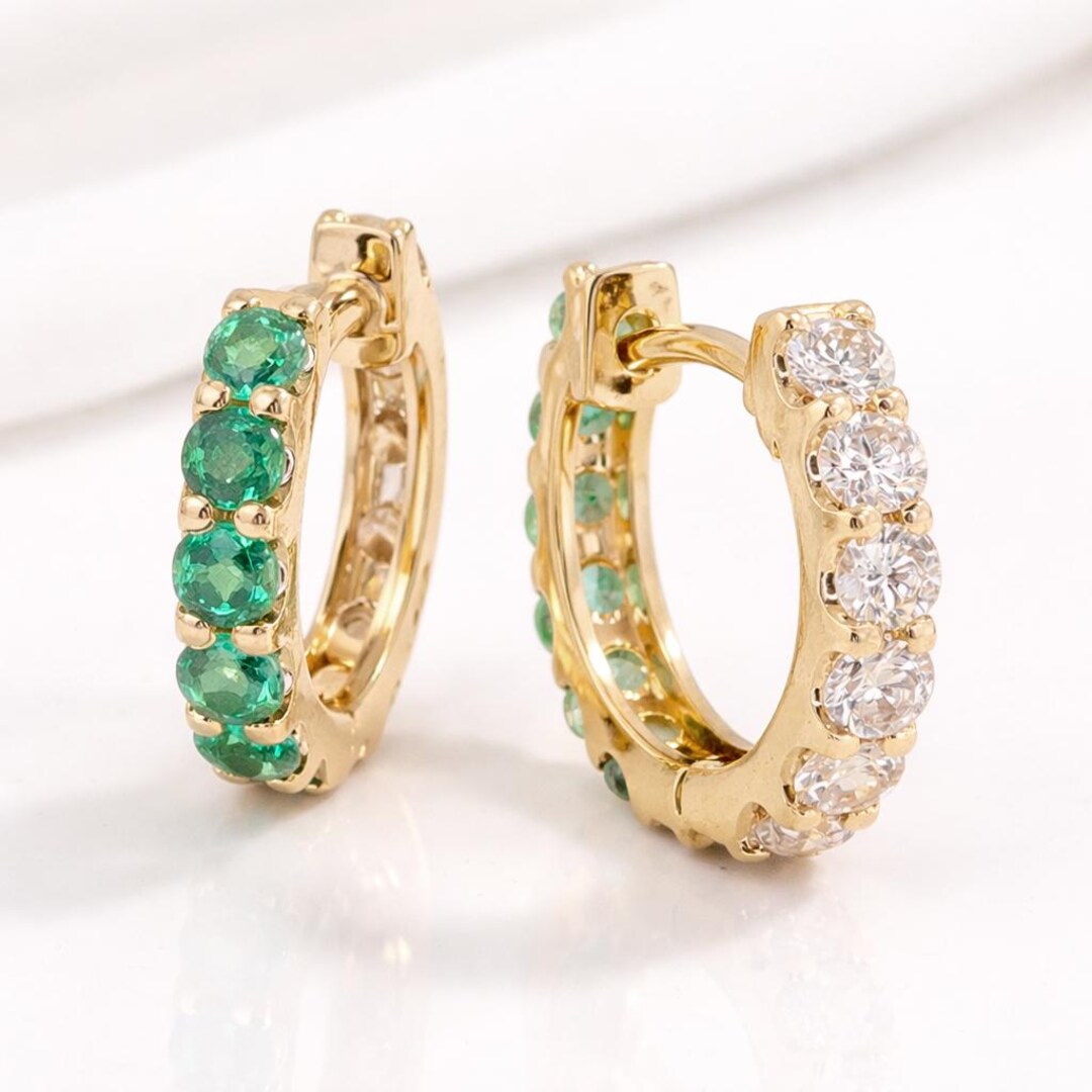 Natural Emerald & Diamond Reversible Hoop Earrings, 14K Gold Huggie ...