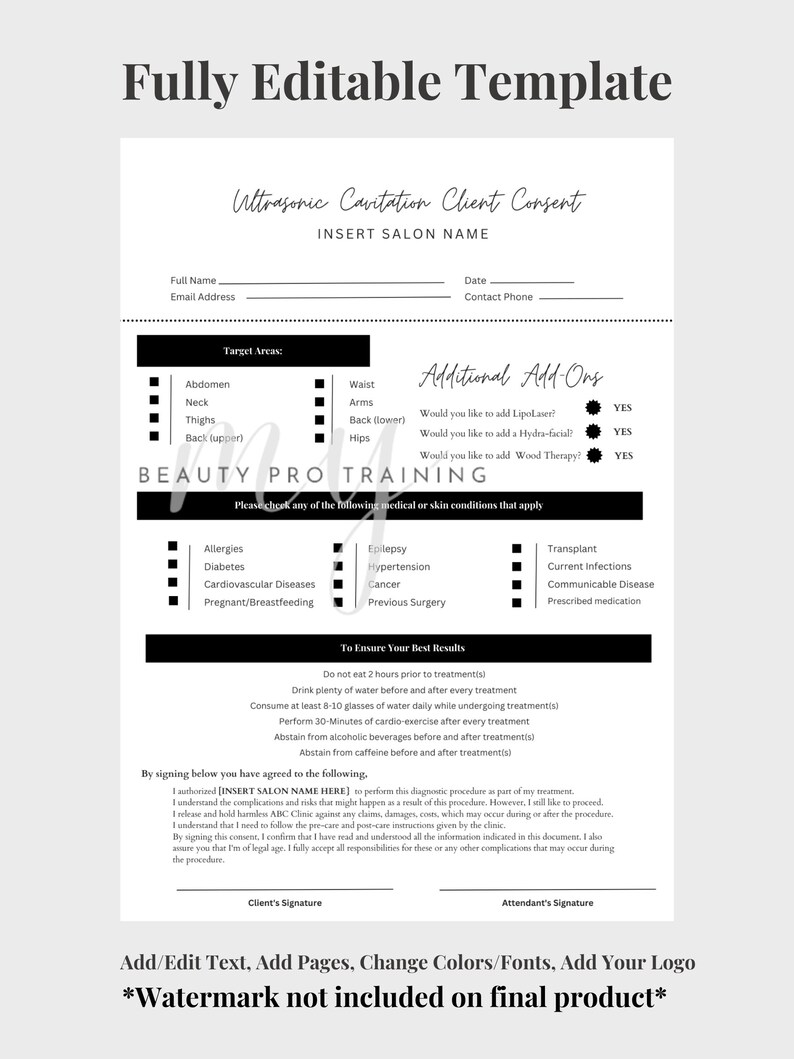 Editable Cavitation Intake Forms, Ultrasonic Cavitation Form ...