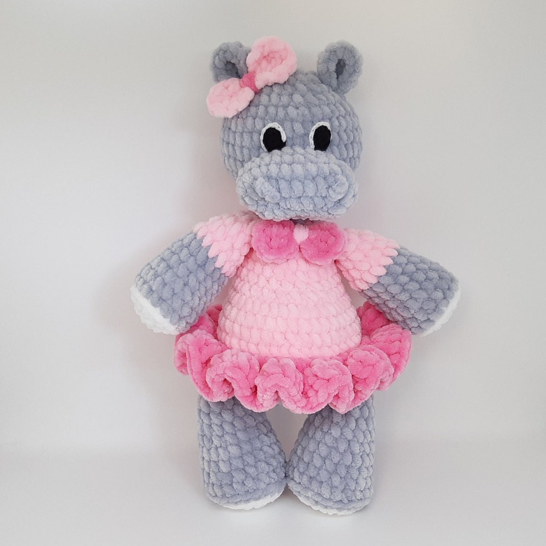 Gray Hippo Plush in Pink Dress Plush Hippo Toy Crochet Hippo Plush Toy ...