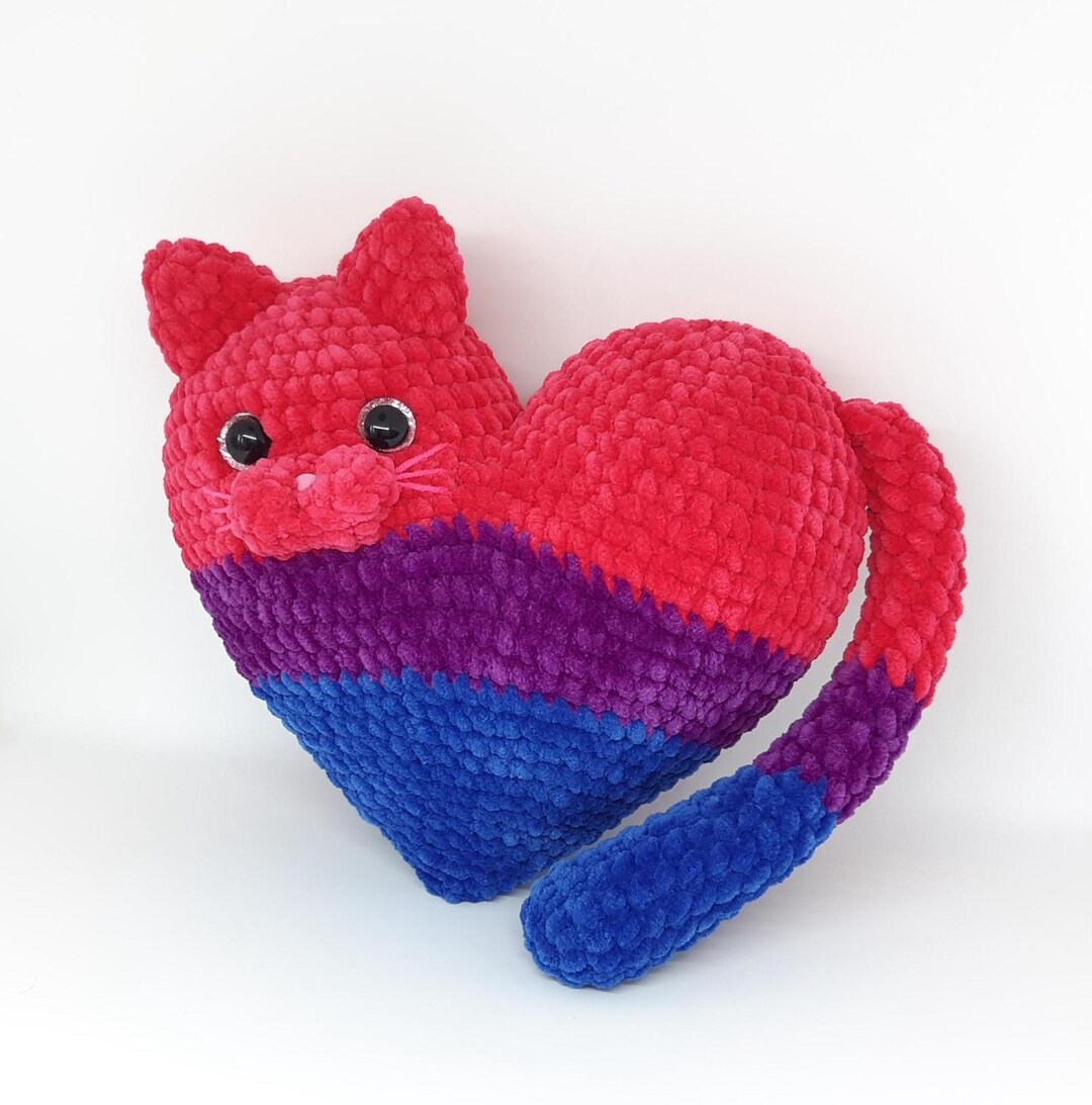 Cute Bisexual Heart Cat Plush - Customizable Handmade LGBTQ Crochet ...