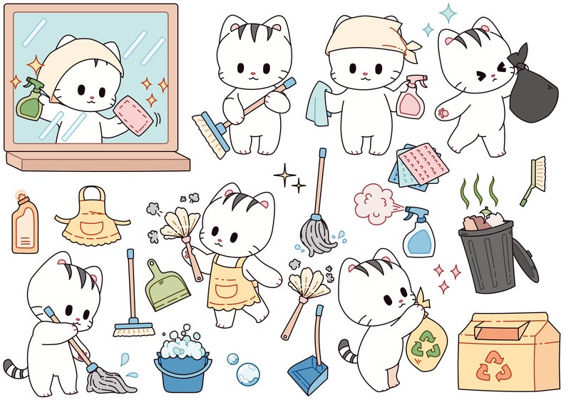 Cat HOUSE CHORES, Clip Art, PNG, Vector, Eps, Ai, Svg, Printable ...