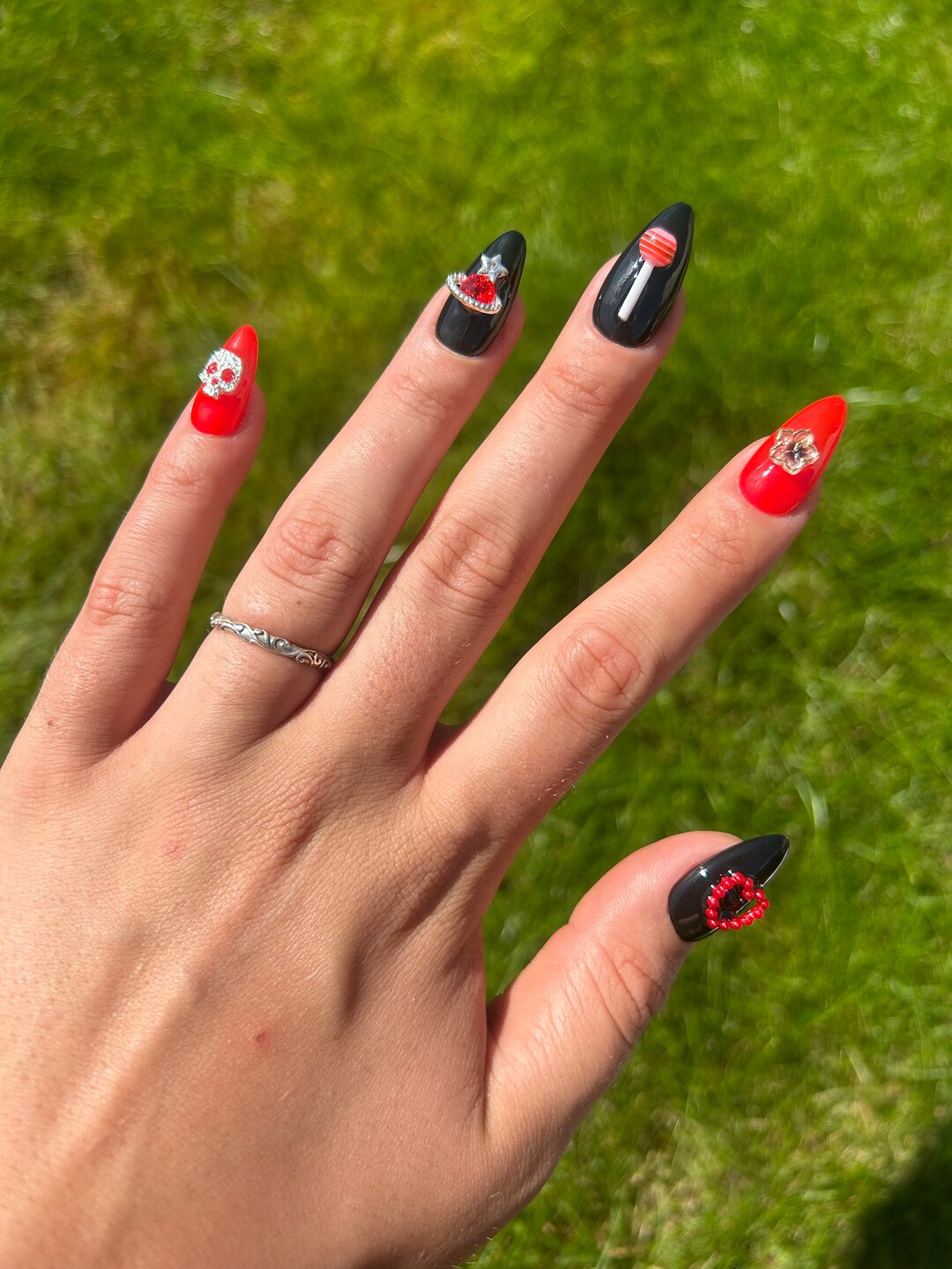 Black and Red Y2k Junk False Nails. Black and Red Bling Press on Nails ...
