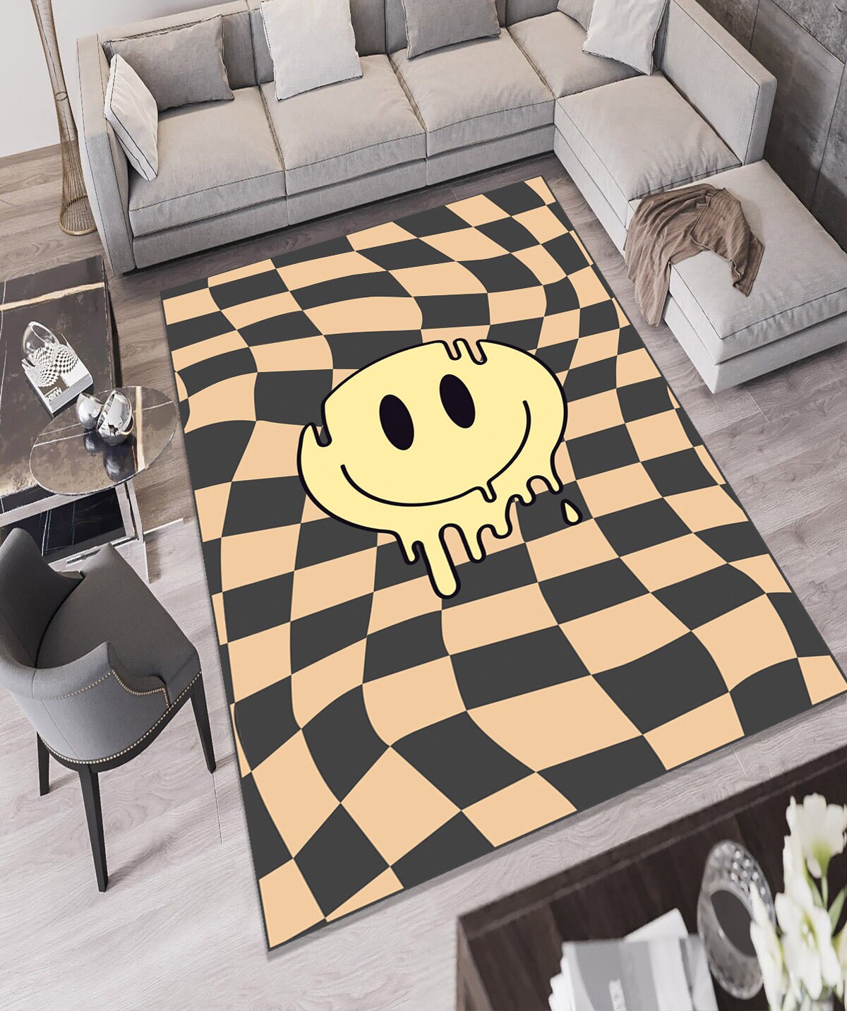 Retro Happy Smile Checkered Rug, Checkered Rug, Checkered Design ...