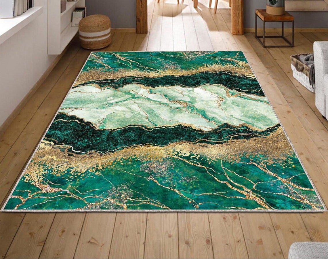 Emerald Green and Gold Marble Texture Rug Area Rug Custom - Etsy