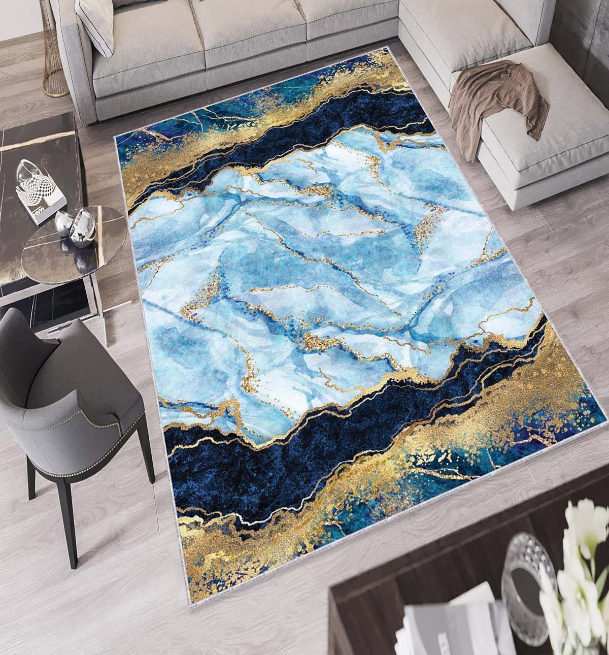 Blue and Gold Marble Texture Rug Area Rug, Custom Rug, Living Room Rug ...