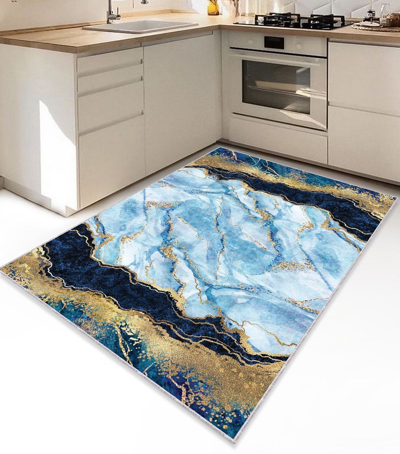 Blue and Gold Marble Texture Rug Area Rug, Custom Rug, Living Room Rug ...