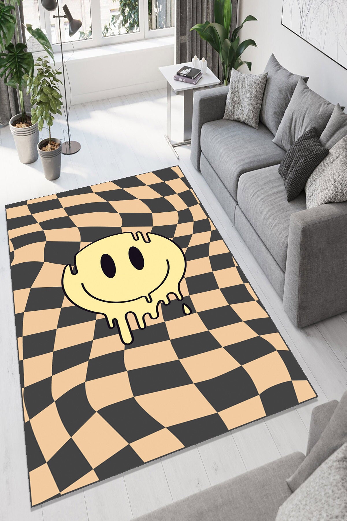 Retro Happy Smile Checkered Rug, Checkered Rug, Checkered Design ...