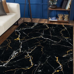 Black, Silver and Gold Marble Texture Rug Area Rug, Custom Rug, Living ...