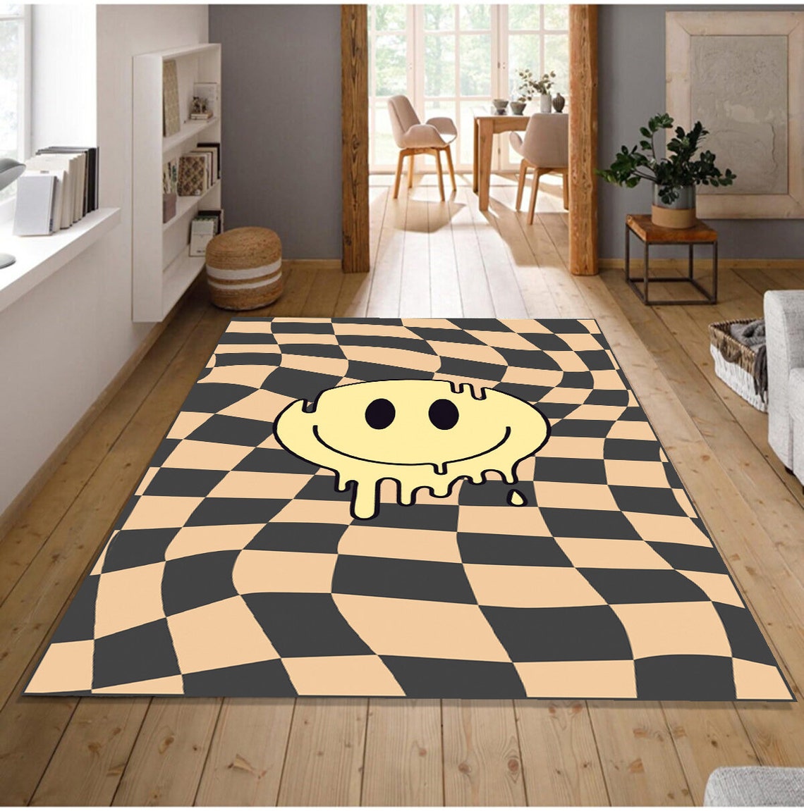 Retro Happy Smile Checkered Rug, Checkered Rug, Checkered Design ...