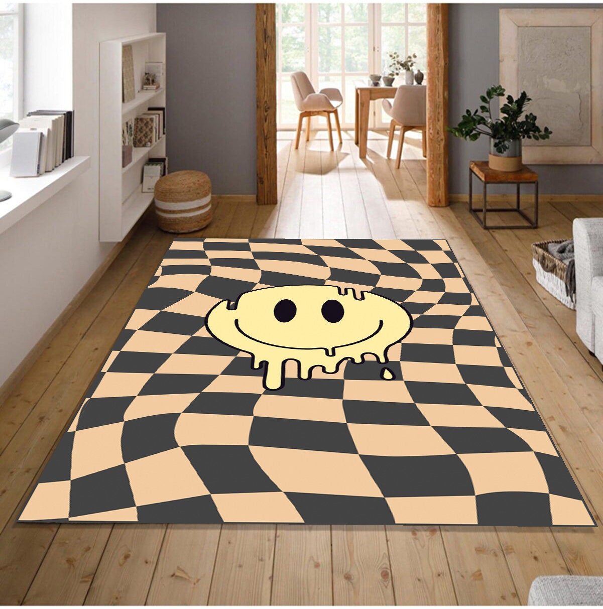 Retro Happy Smile Checkered Rug, Checkered Rug, Checkered Design ...