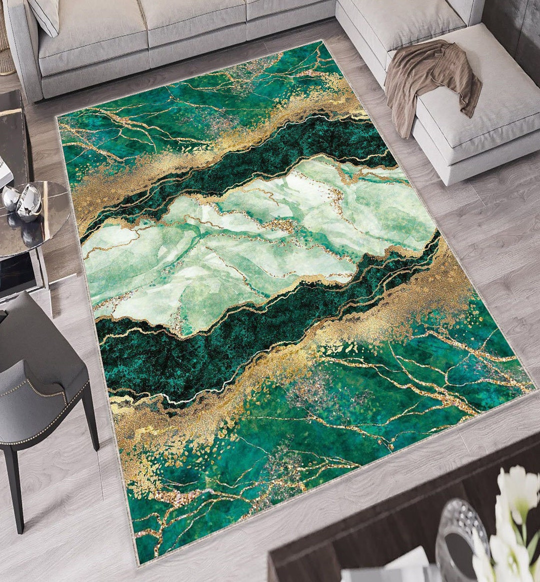 Emerald, Green and Gold Marble Texture Rug Area Rug, Custom Rug, Living ...