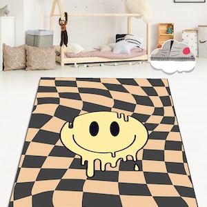 Retro Happy Smile Checkered Rug, Checkered Rug, Checkered Design ...
