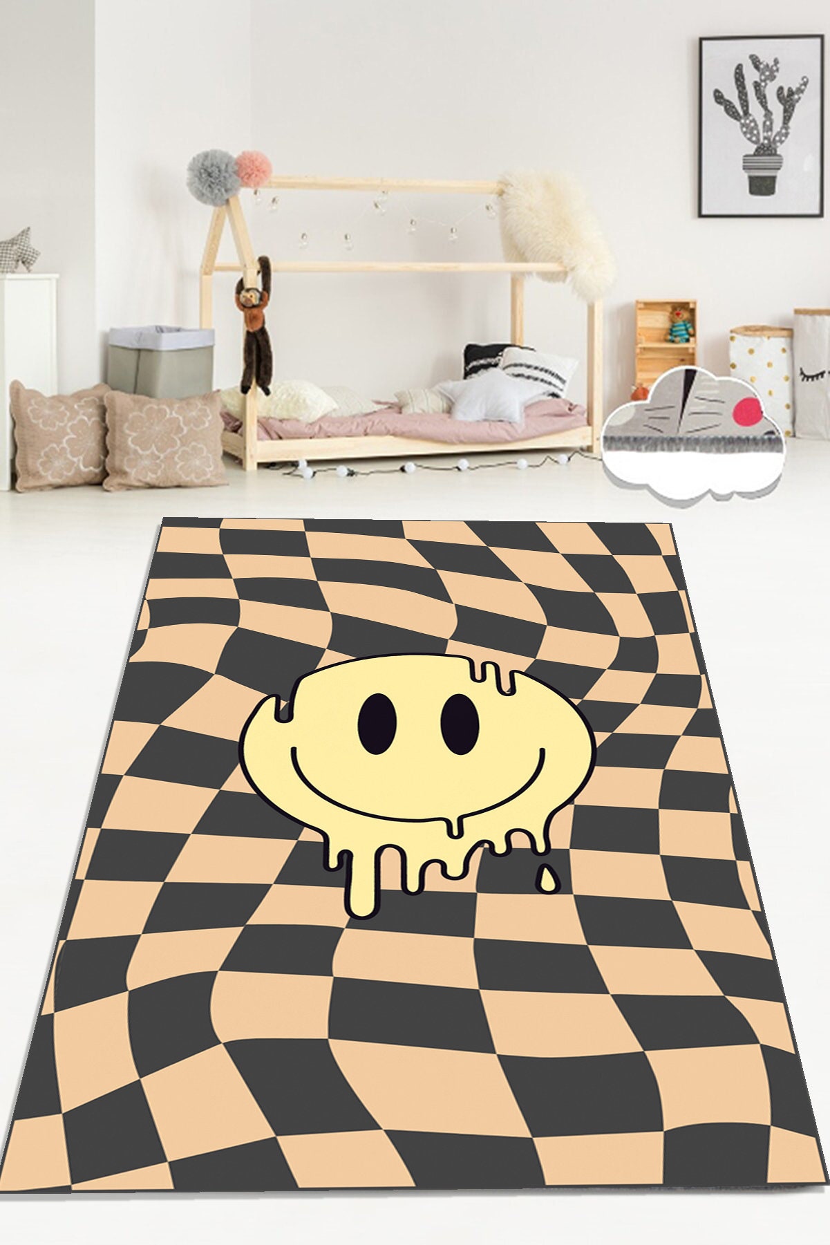 Retro Happy Smile Checkered Rug, Checkered Rug, Checkered Design ...