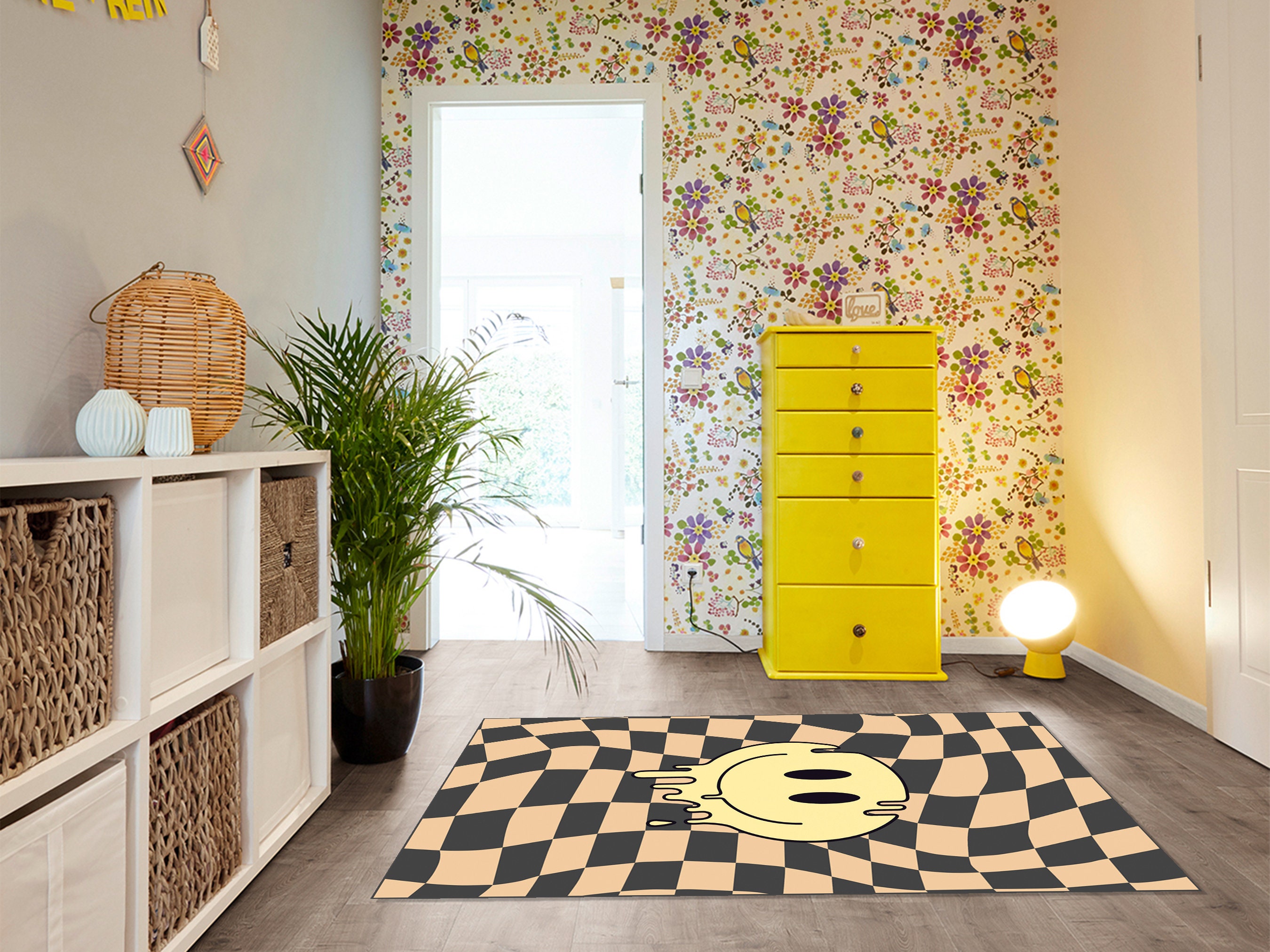 Retro Happy Smile Checkered Rug, Checkered Rug, Checkered Design ...