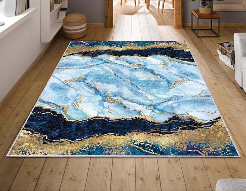 Blue and Gold Marble Texture Rug Area Rug, Custom Rug, Living Room Rug ...