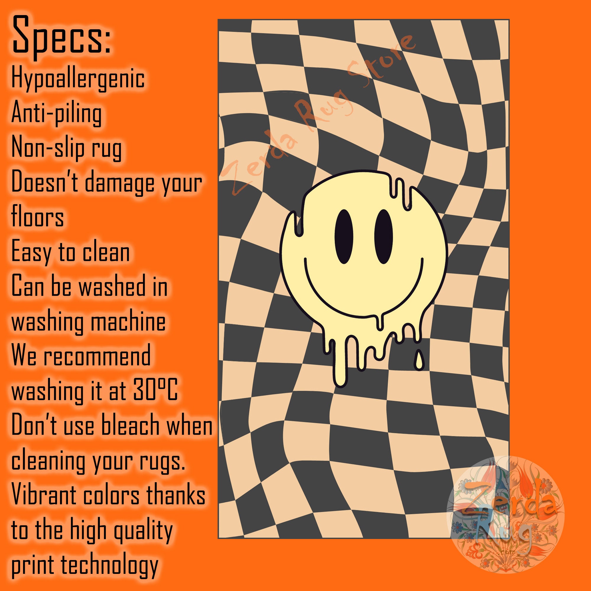 Retro Happy Smile Checkered Rug, Checkered Rug, Checkered Design ...