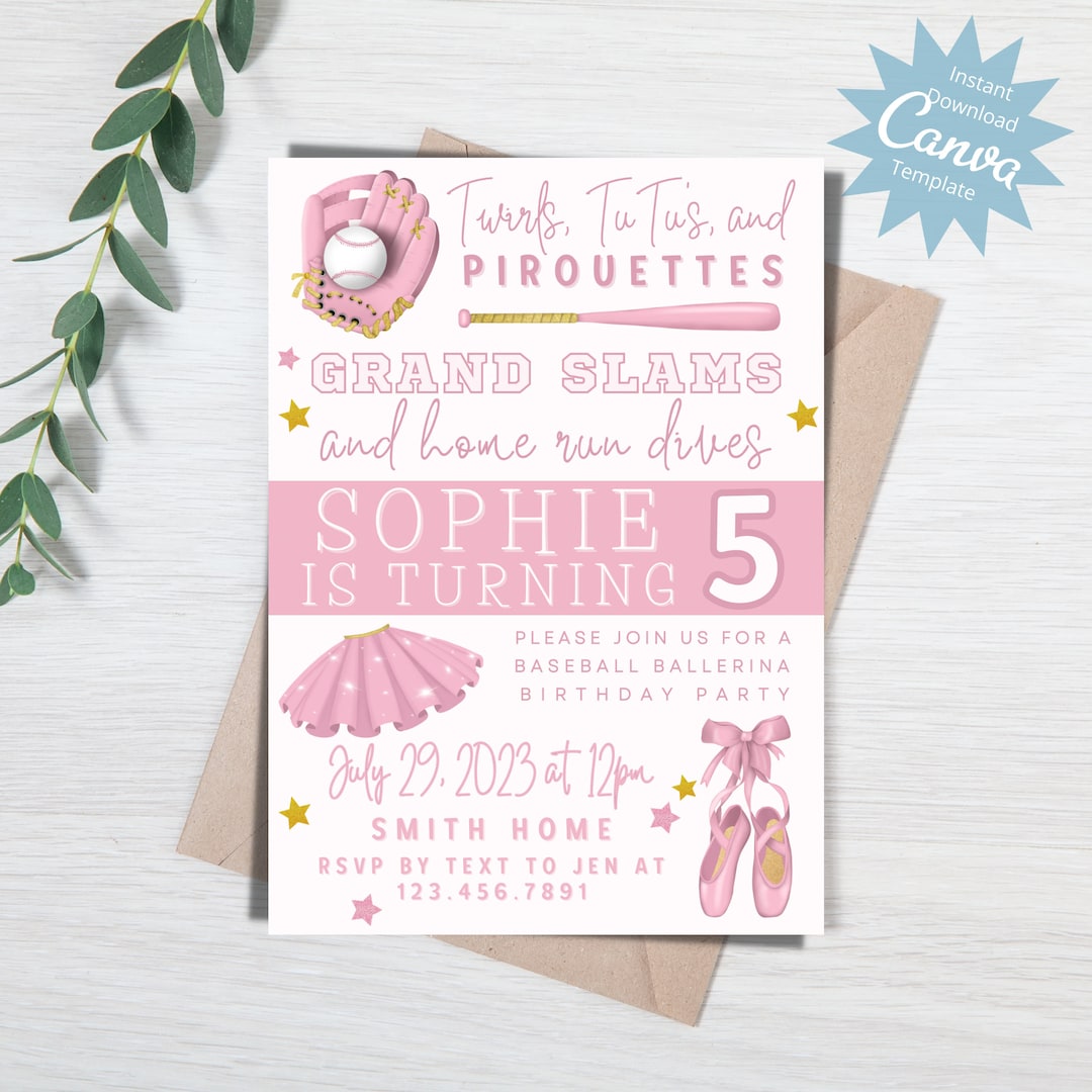 Baseball and Ballerina Birthday Invitation, Any Age Girls Birthday ...