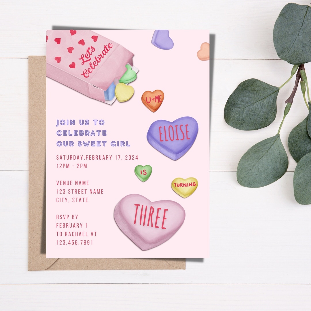 Editable Valentines Day Birthday Invitation, Candy Hearts Birthday ...